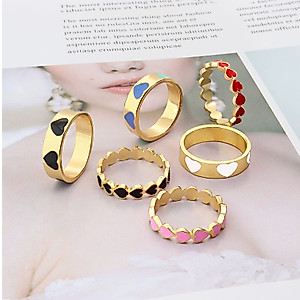 YOOESTORES82 2PCS Colorful Heart Ring Gold Band Rings Set for Women Couple Cute Love Heart Plain Stackable Finger Rings Wedding Preppy Jewelry Gift