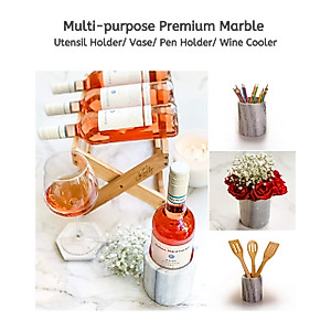 Premium Marble Utensil Holder- Multi-purpose Holder- Pen Holder- Wine Chiller- Flower Vase (White & Grey Marble- Medium)