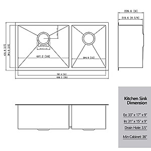 33 Undermount Double Bowl Stainless Steel Kitchen Sink - Dorzom 33" x 17" Stainless Steel Sink 18 Gauge Right Angle Double Bowl 60/40 Kitchen Sink Basin H004L-331709