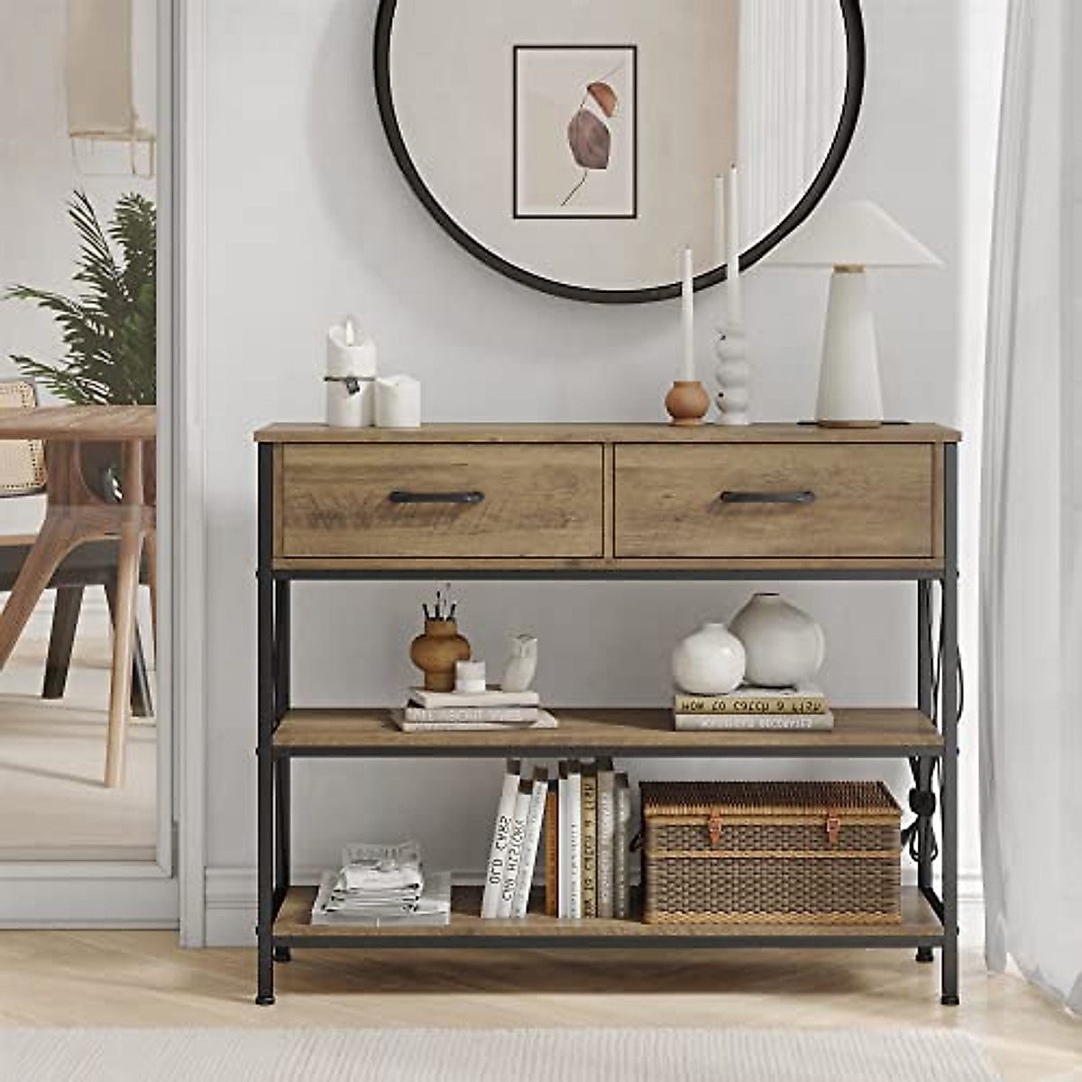 HITHOS Console Table with Outlets and USB Ports, Industrial Hallway Table with Storage 2 Drawers and Shelves, Narrow Long Sofa Entryway Table for Living Room, Rustic Brown