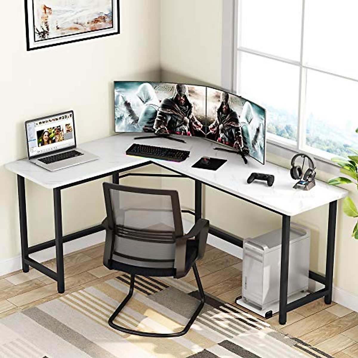 Tribesigns 66 inch Modern L Shaped Desk, Corner Computer Desk PC Laptop Gaming Table Workstation for Home Office, White Faux Marble/Black Metal Frame