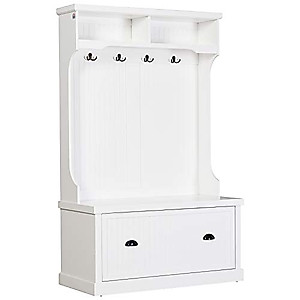 HOMCOM Hall Tree for Entryway, Coat Rack Shoe Bench with Bottom Storage, 4 Metal Double Hooks and 2 Shelves for Hallway, Living Room, White