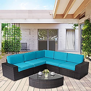 HEYNEMO Outdoor Patio Furniture Sets, 6 Pieces Outdoor Sectional Rattan Sofa, Black PE Wicker Patio Conversation Sets with Washable Cushion and Tempered Glass Table, Straight Arm, Alloy Steel Frame
