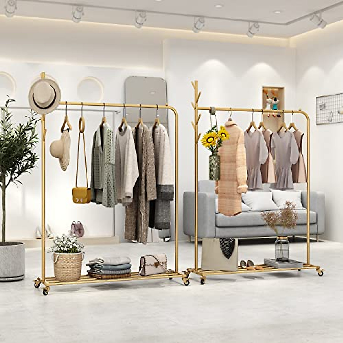 Smlttel Metal Gold Clothes Rack for Hanging Clothes, Rolling Clothing Rack for Boutique Display, Gold Coat Rack Standing Garment Rack with Shelf, Industrial Pipe Rack, Heavy Duty Clothing Rack, Gold