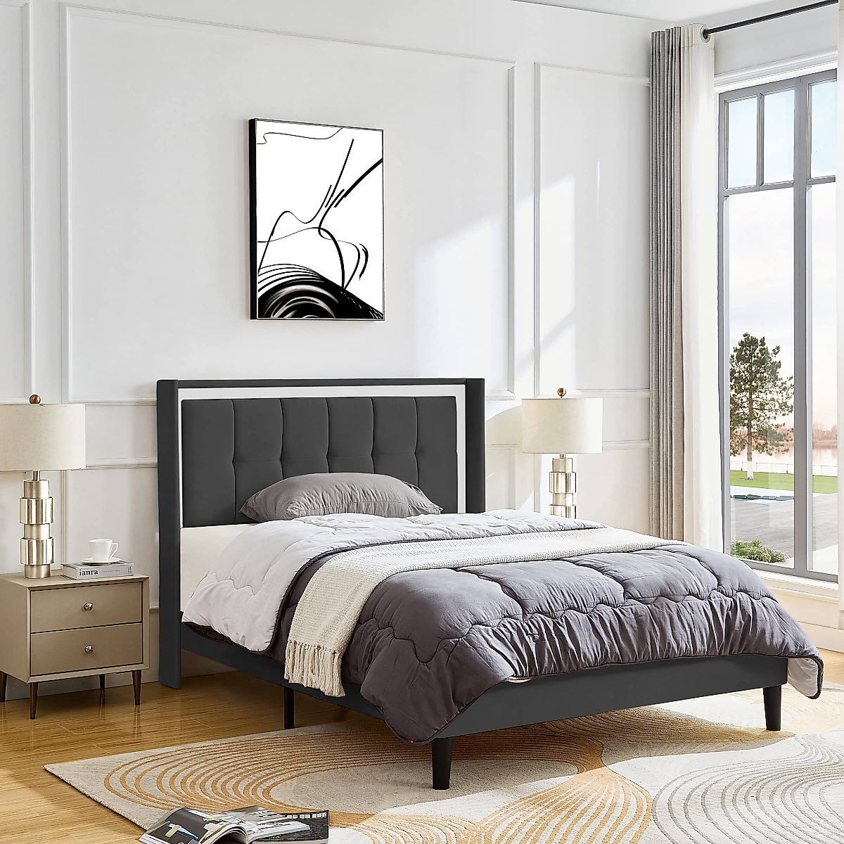 Queen Size Upholstered Platform Bed Frame with Headboard and Sturdy Wooden Slats, Wooden Bed for Bedroom, Non-Slip and Noise-Free, No Box Spring Needed, Easy Assembly, Dark Gray