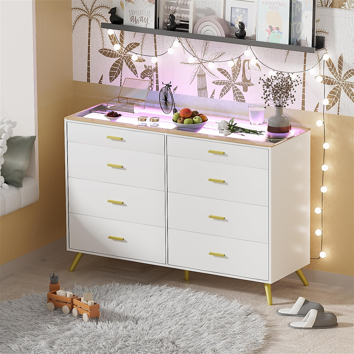 PAKASEPT White Dresser with LED Lights for Bedroom,8 Drawer Dressers with Tempered Glass Top,Chests of Drawers with 2 Grid Drawer,Storage Organizer Dresser for Hallway,Living Room