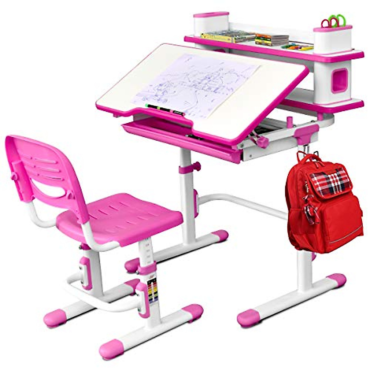 BABY JOY Kids Desk and Chair Set, Height Adjustable, Student Study Table with Storage Drawer, Bookshelf and Tilted Desktop, Children Writing Table for Studying, Reading and Drawing (Pink)