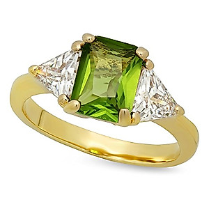 The Bling Factory Gold Plated Emerald-Cut Chartreuse Green CZ Three-Stone Ring, Size 7