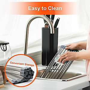 BUILOG Roll Up Dish Sink Drying Rack Extra Large Expandable to 22.9'',Stainless Steel Over Rolling up Mat Dish Drying Rack with 2 Storage Basket Holders for Kitchen Dishes Fruits