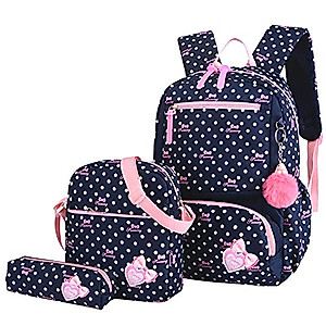 EKUIZAI 3Pcs Heart Prints Backpack Sets 3 in 1 Bowknot Primary Schoolbag Travel Daypack School Bag Kid Backpack for girls (Blue)