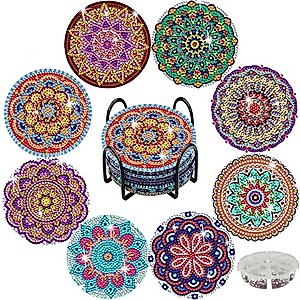 8Pcs DIY Mandala Diamond Painting Coasters Kits with Holder, Cork Mat and Diamond Storage Box, Suitable for Adults, Beginners and Kids Are Also Friendly, Great Home and Dining Room Decor