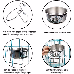 MLCINI Hanging Pet Bowl, 3 Size 2 Pack Non Spill Stainless Steel Food Water Bowls Bunny Feeder with Hook for Dogs Cats in Crate, Cage & Kennel (S/18 Ounce)