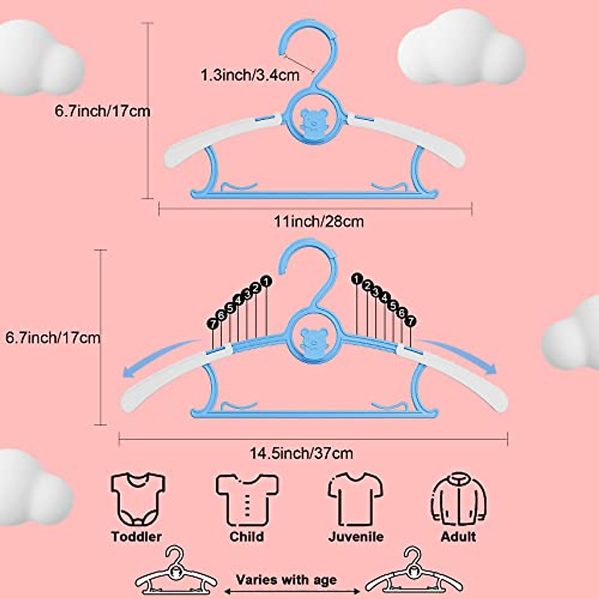 30 Pack Baby Hangers for Nursery Closet, Kids Baby Clothes Hangers Space Saving Adjustable Non-Slip Toddler Infant Clothes Hangers with Windproof Buckles for Baby Childrens Newborn Gifts, 11-14"