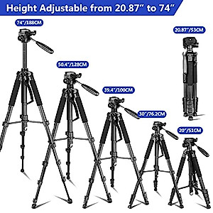 Aureday 74’’ Camera Tripod with Travel Bag,Cell Phone Tripod with Wireless Remote and Phone Holder, Compatible with DSLR Cameras,Cell Phones,Projector,Webcam,Spotting Scopes