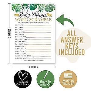 25 Safari Animal Matching, 25 Nursery Rhyme Game, 25 Word Scramble For Baby Shower, 25 True Or False Game, 25 Who Knows Mommy Best, 25 Baby Prediction And Advice Cards - 6 Double Sided Cards