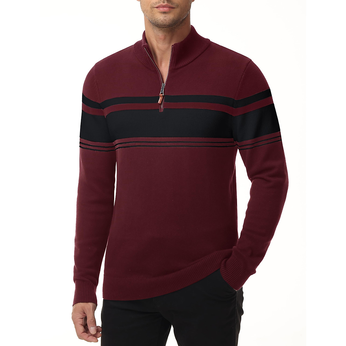 MAGNIVIT Men's Stand Collar Pullover Casual Long Sleeve Knitted Sweater Mens Mock Neck Sweater Wine Red L