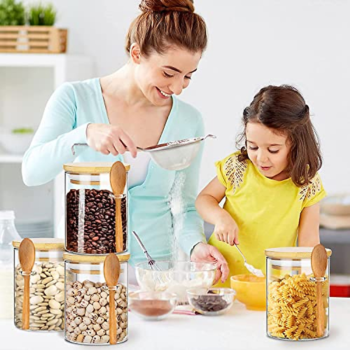 2 Pack Airtight Glass Jars with Bamboo Lid & Spoons, 19 Oz/540ML Glass Food Storage Containers Overnight Oats Containers with Lids, Decorative Kitchen Jars for Sugar, Storage,Cookie, Candy, Tea.