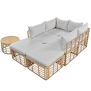 7 Pieces Outdoor Patio Furniture Sectional Sofa Set with Coffee Table, All-Weather Rattan Conversation Set with Thick Cushions and Pillows for Garden Backyard Balcony, Freely Combined (Grey-7S)