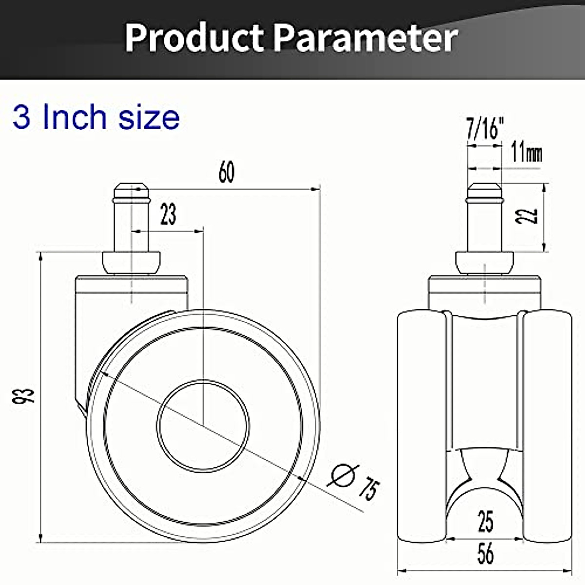 Office Chair Wheels casters 3 inch Silent Chair Wheels for Hardwood Floors and Carpet, Heavy Duty Chair Wheels with Standard stem 7/16″* 7/8″(11mm*22mm), Set of 5-3 Inch