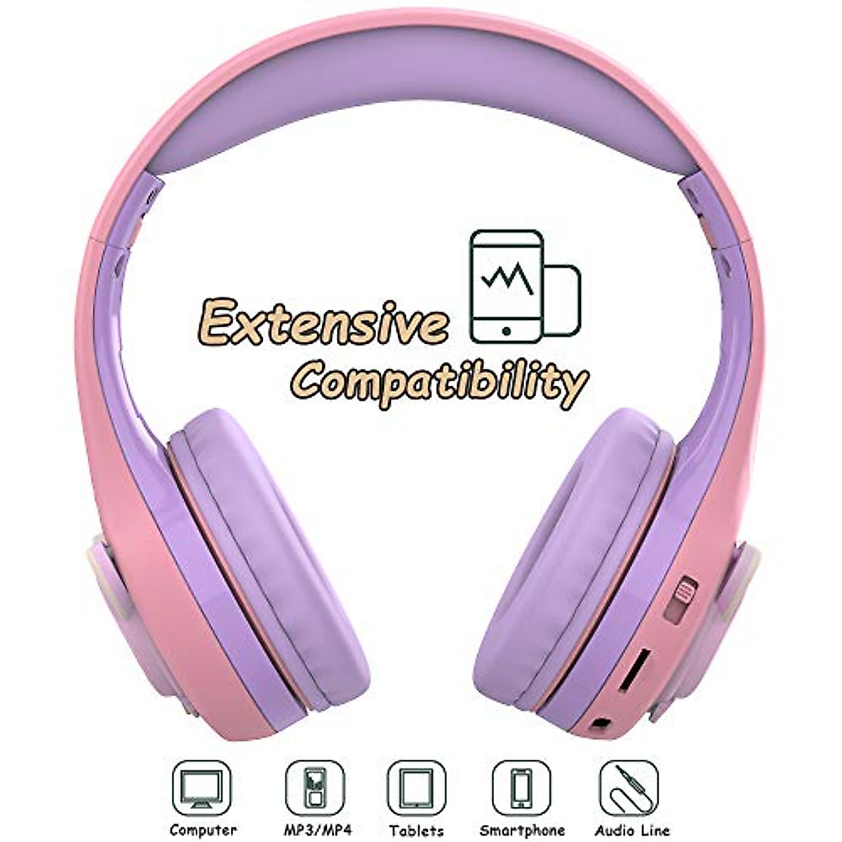 Riwbox Kids Headphones, Baosilon CB-7S Cat Kids Toddler Headphones with LED Light, 75/85/95dB Volume Limited, Kids Wireless Headphones with Mic for School/Tablet/Girls (Purple)