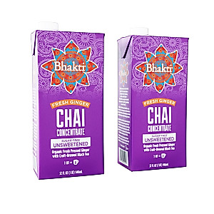Bhakti Sugar Free Chai Concentrate, Unsweetened, Fresh Pressed Ginger and Black Tea Blend, Vegan, Organic, Gluten-Free, All-Natural Ingredients, 32 Ounce Cartons (Pack of 2)