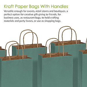 Prime Line Packaging 6x3x9 50 Pack Green Small Gift Bags with Handles, Kraft Colored Paper Bags, Recycled Bags, Items for Wedding Welcome Bags, Bulk