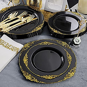 Hioasis 350pcs Black and Gold Plastic Plates with Gold Plastic Silverware For Weddings&Parties Served for 50Guests include 50Dinner Plates 50Dessert Plates 50 Rolled Napkins with Gold Cutlery 50Cups