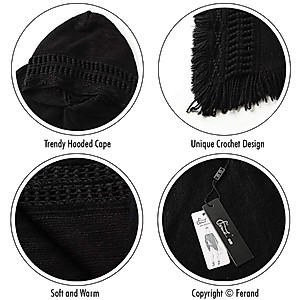 Ferand Ladies' Hooded Cape with Fringed Hem, Crochet Poncho Knitting Patterns for Women, Black