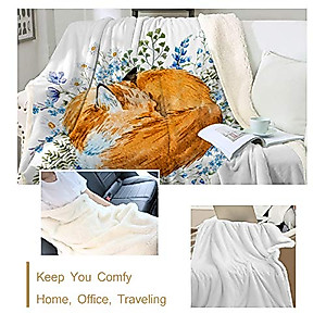 Sleepwish Watercolor Sleeping Fox Throw Blanket Red Fox Sherpa Blanket Watercolor Animals Art Reversible Soft Fleece Blanket for Couch Sofa and Bed Throw(50"x60")