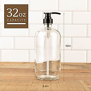 kitchentoolz 32-Ounce Pump Bottles, Large Clear Glass Boston Round Bottles w/Black Pumps. Great for Lotions, Laundry Soap Detergent, Oils, Sauces - Food Safe and Medical Grade (Pack of 2)