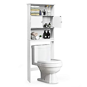 Giantex Over The Toilet Storage Cabinet w/Three-Layer Shelf & Two Doors, Landing Over Toilet Space Saver, Home Compact Wooden Tower Rack, Freestanding Bathroom Organizer, Easy Assembly, White