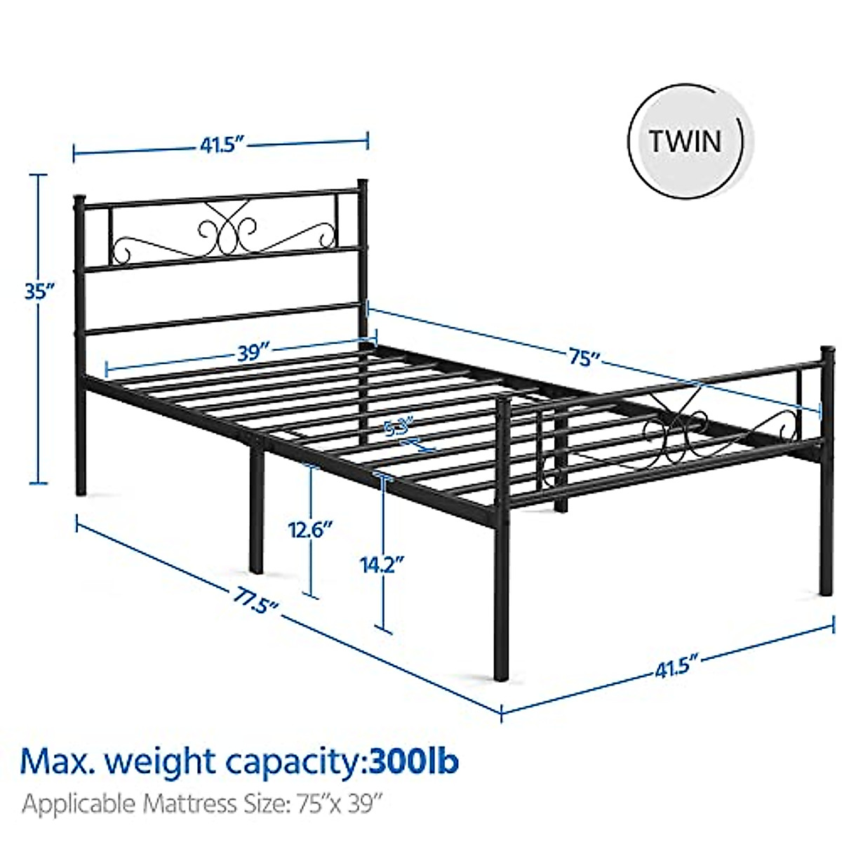 Topeakmart 13 inch Classic Metal Bed Frame with Headboard Mattress Foundation/Platform Bed/Slatted Bed Base,Twin Size