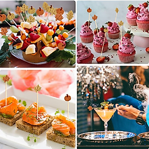 Pumpkins Maple Leaves Fall Cocktail Picks Autumn Theme Toothpicks Fruit Drinks Dessert Sticks Food Sandwich Appetizer Charcuterie Skewers, for Thanksgiving Day Decorations Party Supplies (100)