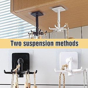 Poouty 360° Rotating Self Adhesive Utility Hook, 2024 New Under Cabinet Hooks Adhesive Kitchen Hooks for Hanging Utensils Holder Hanger Storage Rack for Kitchen Utensils Organizer (6Hooks, 2 Black)