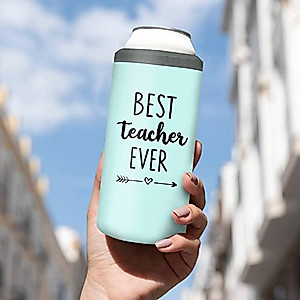 SANDJEST Best Teacher Ever Tumbler - 4-in-1 Design Tumbler Can Cooler Cup - 12oz Stainless Steel Insulated Cans Coozie Travel Mug Birthday, Christmas, Appreciation, Teacher's Day Gifts for Teachers