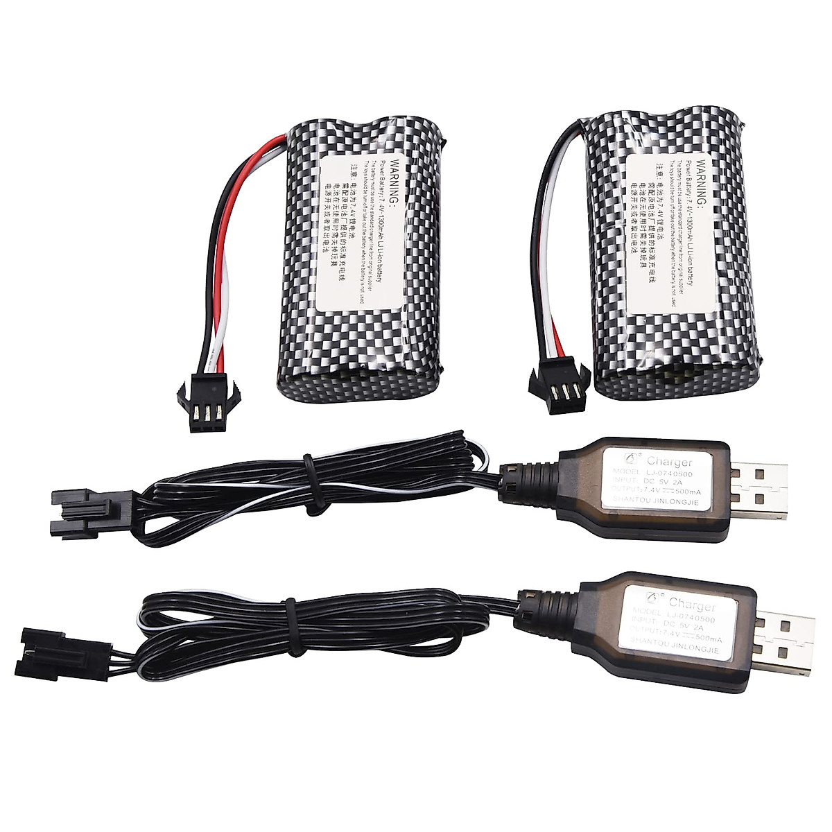 Blomiky 2 Pack 7.4V 1300mAh Li-ion Rechargeable Battery with SM3P Plug and Charger Cable Replacment for Huina 1575 RC Construction Truck / 1575 Battery 2