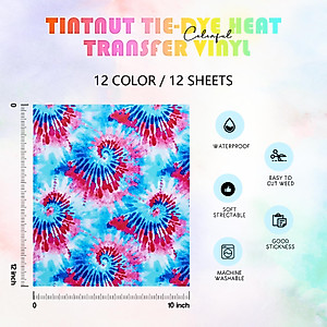 Tintnut Tie dye HTV Heat Transfer Vinyl - 10x12 Inch 12 Sheets Bundle Watercolor HTV Iron on Vinyl Seamless Colorful Swirl Patterned HTV for Tshirts DIY Compatible with Cricut or Silhouette Cameo