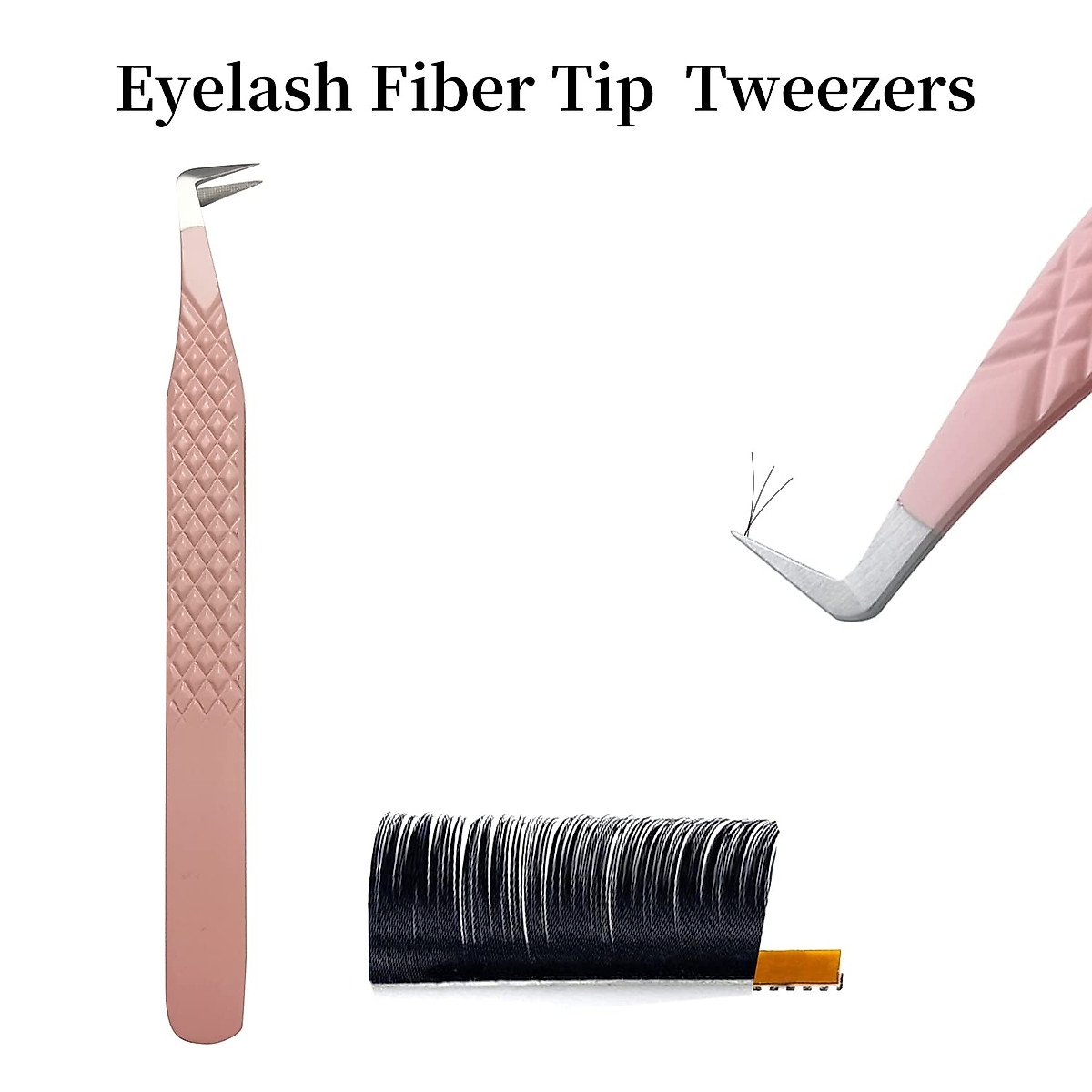 SZELES Fiber Tip Tweezers Diamond Grip Eyelash Extensions Tweezer Anti-Slip solation Volume Lash Tweezers For Lash Tweezers (FTT2-PINK)