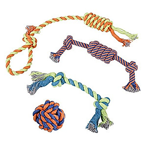 Dog Chew Rope Toys – Set Of 4 Ropes - For Large, Small Teething Pets – All Puppy Breeds Aggressive Chewers – 100% Cotton for Natural Floss – With Ball, Tough Teething Rope, Tug-Of-War & Fetching Bone