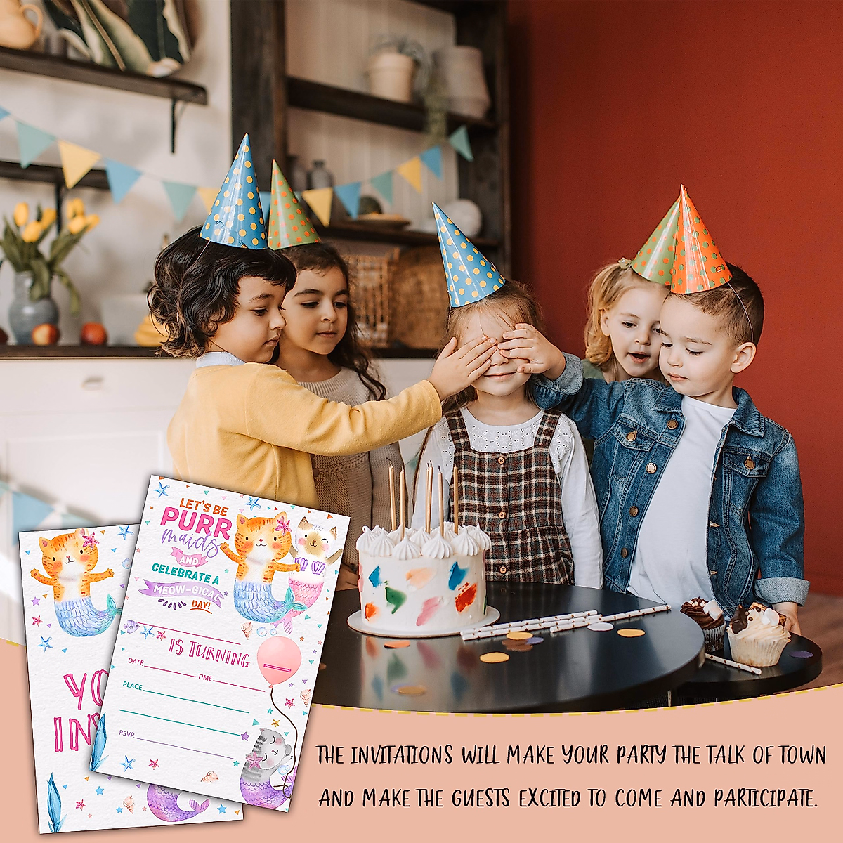 Cat Mermaid Birthday Invitations, Purrmaid Birthday Party Invitation Card, Kitten Birthday Party Favors & Celebration Supplies(20 Set of Invitations with Envelopes)-B11