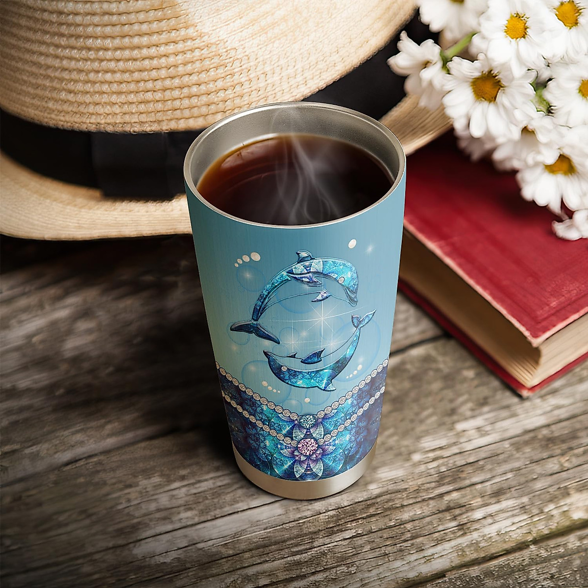 20oz Blue Jewelry Dolphin Tumbler, Gifts for Dolphin Lovers, Sea Ocean Gifts, Coffee Thermos for Women, Stainless Steel Double Wall Vacuum Insulated Coffee Mug, Travel Cup with Lid