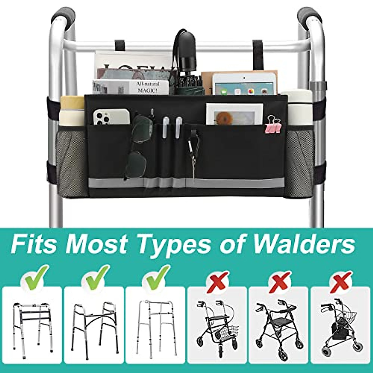 EXLIFBAG Walker Basket, Folding Walker Bag with Cup Holder, Walker Accessories for Seniors, Black