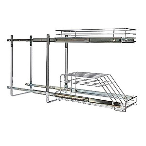 Household Essentials Glidez Multipurpose Chrome-Plated Steel Pull-Out/Slide-Out Dual-Sliding Storage Organizer for Cookware and Bakeware - 2-Tier Design - Fits Standard Size Cabinet or Shelf, Chrome