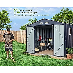 VanAcc 10x12x7.5 FT Outdoor Storage Shed, Galvanized Steel Metal Garden Sheds with 2 Light Transmitting Window and Double Lockable Door, Oversized Tool Sheds for Backyard Patio Dark Grey/White
