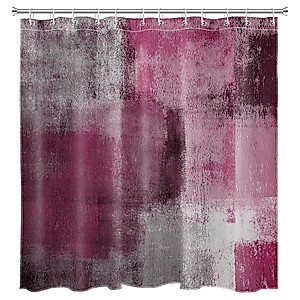 LB Pink and Grey Shower Curtain Sets with Rugs Country Retro Abstract Texture Geometric Pattern Fabric Shower Curtain with Hooks Modern Watercolor Bathroom Curtains Shower Set, 70x70 inches