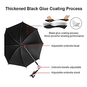 Baby Strollers Umbrella, Waterproof UV Protection Baby Pram Sun Umbrella Canopy Sun Rain Umbrella Parasol with Clip Clamp Strollers Accessories，Suitable for Beach Chairs, Baby Strollers (Black)