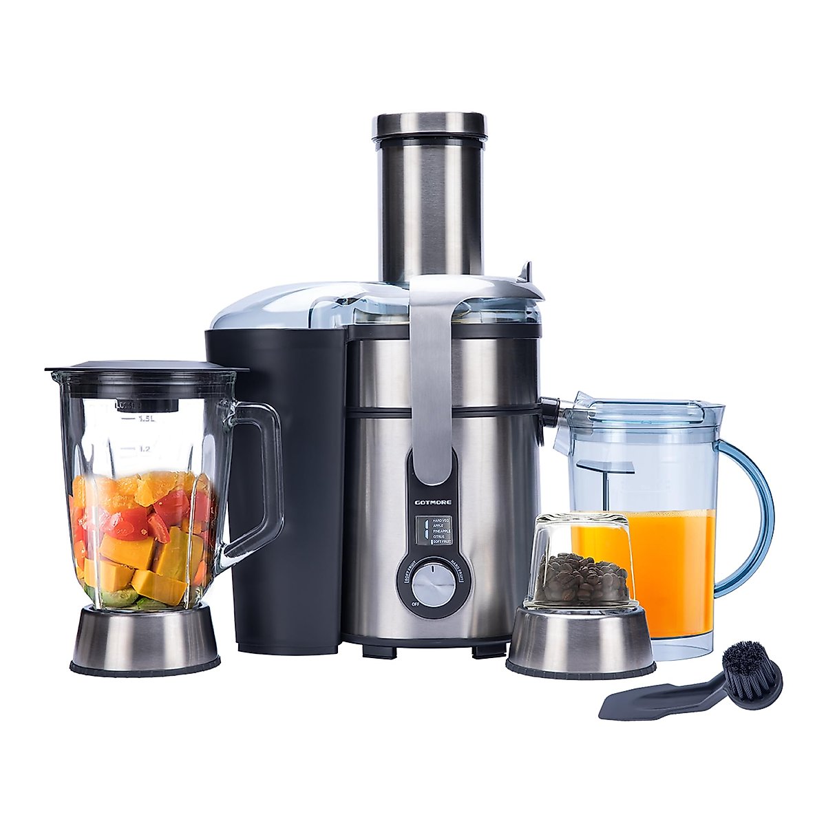 GOTMORE Juicer Machine, Blender & Grinder Combo 3 in 1 for Smoothies, Juice, Processing, Grinding & More 1300W Centrifugal Juice Extractor for Fruit Vegetable with 5 Speeds LCD Screen, Easy to Clean