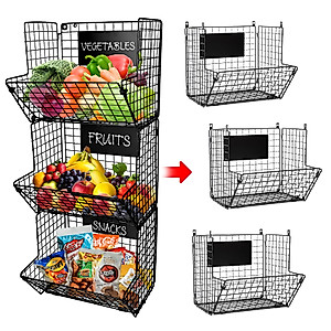 Culinary Couture 3-Tier Wire Hanging Basket for Organizing, Heavy-Duty Hanging Wall Baskets for Storage with Adjustable Chalkboards & S-Hooks, Minimalist Hanging Fruit Basket for Kitchen, Black