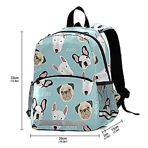 ALAZA Cute Dog Print Pug Bulldog Bull Terrier Kids Toddler Backpack Purse for Girls Boys Kindergarten Preschool School Bag w/Chest Clip Leash Reflective Strip
