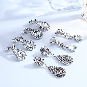 Thunaraz 4 Pairs Clip on Earrings for Women Crystal Teardrop Wedding Earrings Clip on Rhinestone Formal Chandelier Dangle Earrings for Brides Bridesmaids Stylish Non Pierced Jewelry